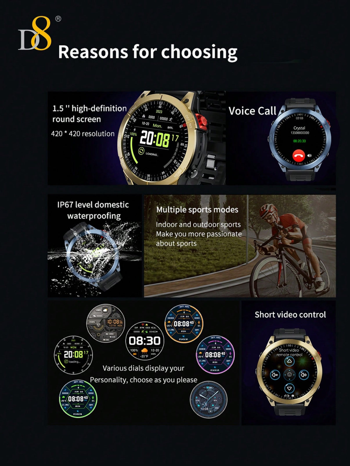 D8 Smart Watch for Men with Fitness Tracker, IP67 Waterproof, 100+ Sport Modes, Pedometer, Sleep ...